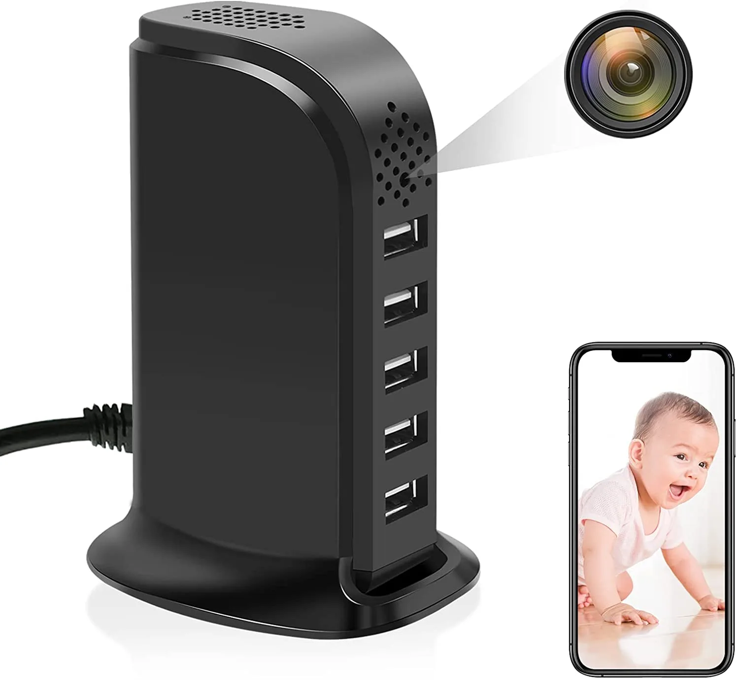 Hidden Camera USB Charger WiFi Spy Camera 5-Port USB Hub HD 1080P ...